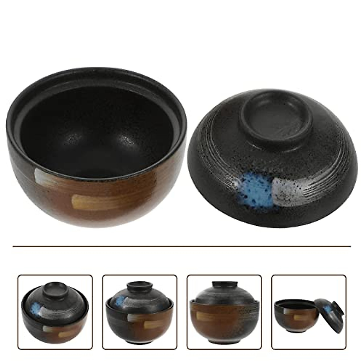 BESTonZON 2 pcs Pho Steaming Bowls Bird Tableware Chill Appetizer Noodle Saucer Japanese Black Use Salad Lid Vegetables Delicate Vintage Soup Stockpot Nest Miso Pot Serving Earthen Stew