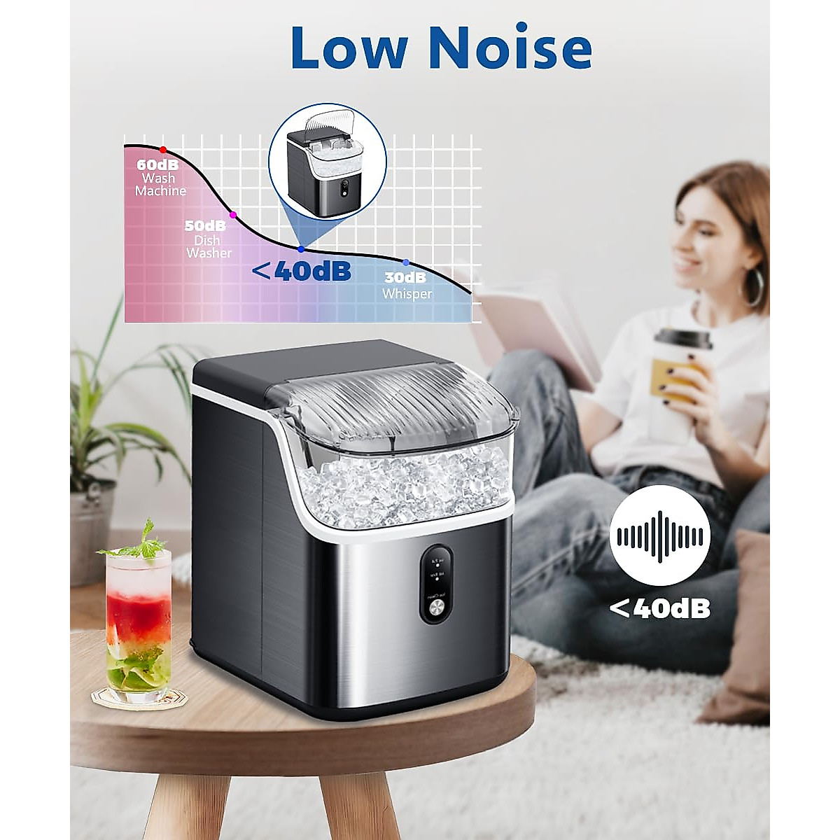 Joy Pebble Stainless Steel Ice Maker Countertop, 10,000pcs/33lbs/Day, Portable Nugget Ice Maker Machine with Handle, Self-Cleaning, Black