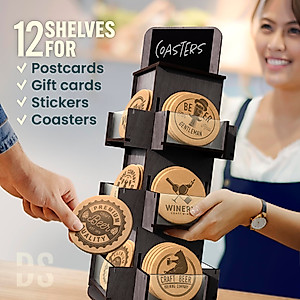 DS THE DISPLAY STORE 3 Tier Rotating Sticker Display Stand for Vendors, Black Wooden Countertop Organizer Shelf for Coasters, Retail, Showcase, Tradeshow