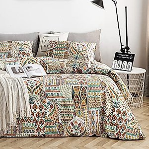 YuHeGuoJi Beige Paisley Duvet Cover Queen 100% Cotton Rust Floral Duvet Cover 3 Pcs Set 1 Exotic Boho Damask Patterned Duvet Cover with Zipper Ties 2 Pillowcases Bohemian Flower Bedding Set Soft
