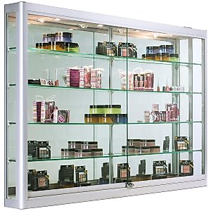 Displays2go Glass Wall Cabinets with LED Lights, Aluminum, Tempered Glass Shelves – Silver (WC606LEDS)