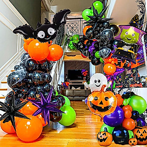 Halloween Balloon Garland Arch Kit 170pcs Orange and Black Purple green balloons with Spooky Spider Bat Pumpkin foil Balloons for fall Halloween Party Decorations