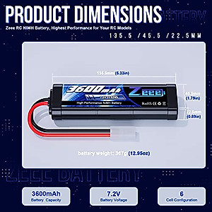 Zeee 7.2V NiMH Battery 3600mAh RC Battery High Power with Tamiya Connector for RC Car RC Truck Associated HPI Losi Kyosho Racing Hobby