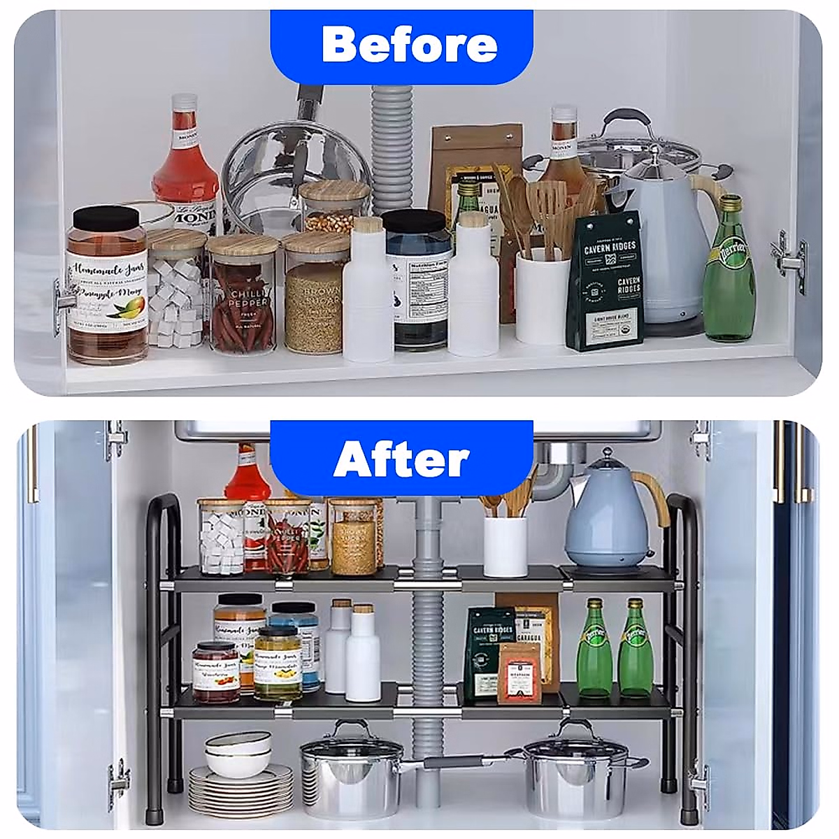 TLCHEN 2 Tier Under Sink Organizers and Storage,Expandable Cabinet Shelf Organizer,with 8 Removable Panels Multi-Purpose Storage Shelf,for Kitchen Bathroom Storage Rack(BLACK)