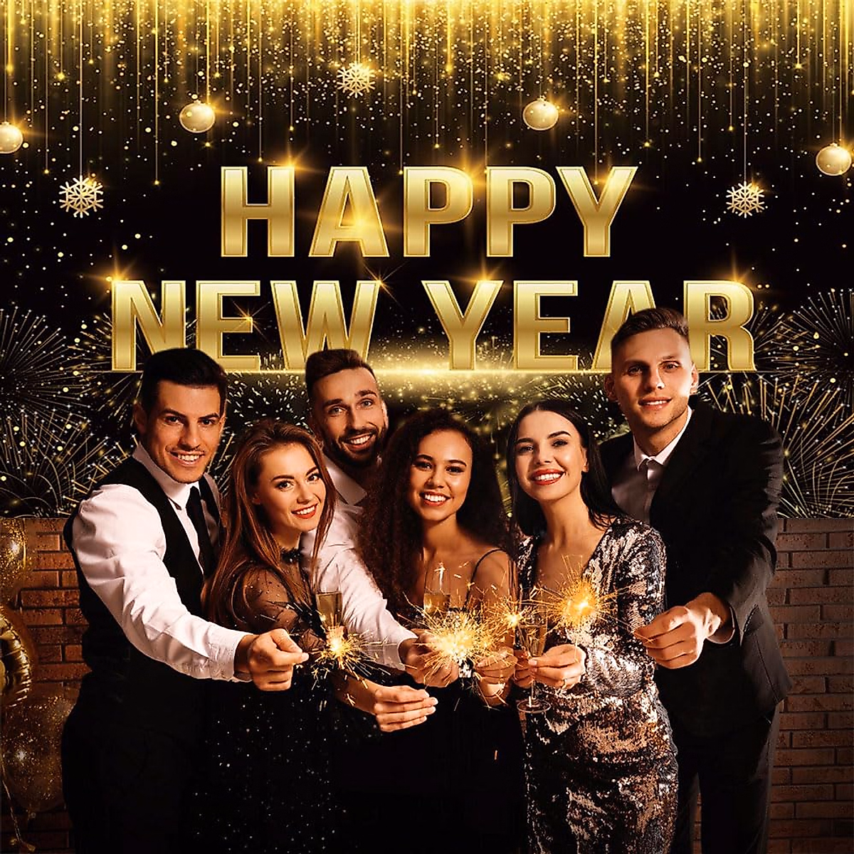 AIBIIN 7x5ft Happy New Year Backdrop Black Gold Glitter Bokeh Fireworks Photography Background Golden Sparkle Spots 2025 New Year Party Decoration Photo Studio Booth Props