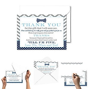 Paper Clever Party 25 Bow Tie Baby Thank You Cards Pack – Boys Baby Shower Notes with Envelopes, Prefilled Message, Customizable Blank Stationery, Adventure Theme, New Parents Gift Ideas