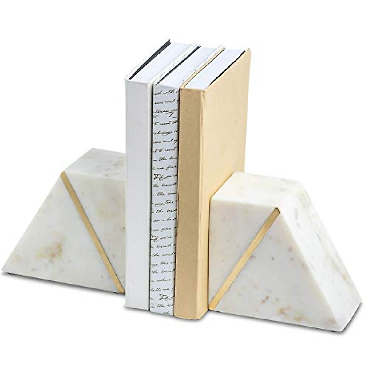 Cork & Mill Marble Bookends - Set of 2 Heavy Decorative Book Stoppers with Non-Skid Bottom - Handcrafted Solid Marble Bookshelf Decor (White + Brass)