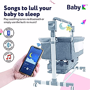 BABY K Electronic Rocking Bedside Bassinet (Grey) - 4 in 1 Automatic Swaying Mesh Baby Bassinet Co Sleeper Crib with 5 Swing Motions, 3 Timer Setting & Bluetooth Music Control for Infant & Toddlers