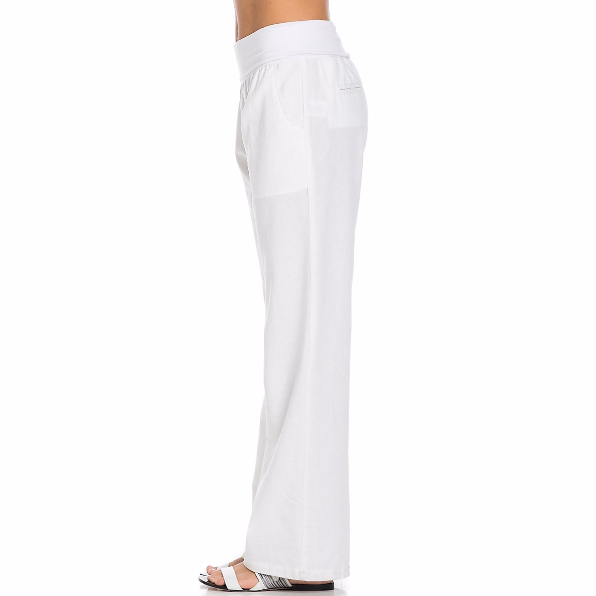 Poplooks Women's Comfy Fold Over Linen Pants (Small, White)