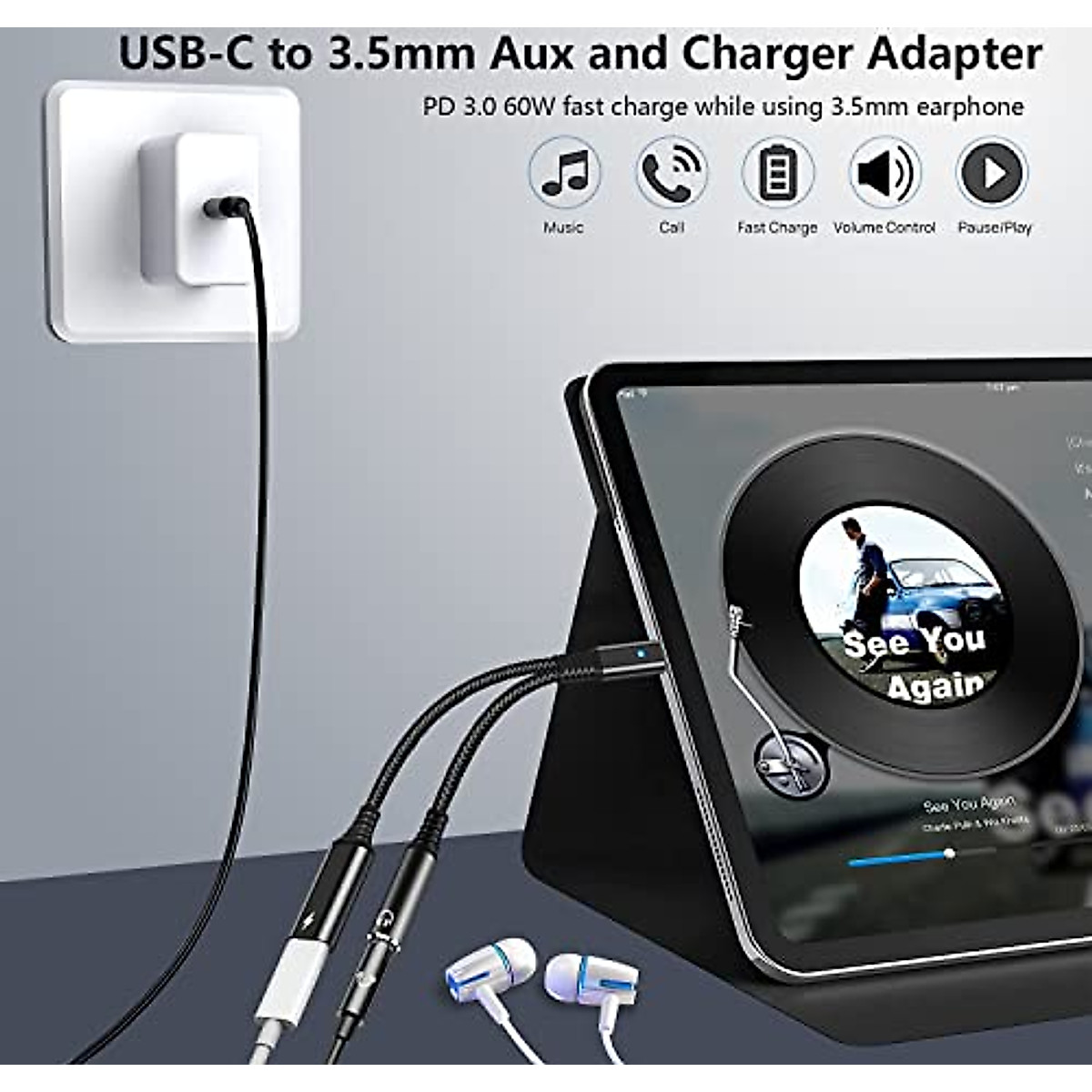 Samsung Galaxy S23 Headphone Adapter, 2 in 1 USB C to 3.5mm Audio Jack Hi-Res DAC and 60W Fast Charging Dongle Compatible with Pixel 7/7Pro/6/6Pro/5, Samsung Galaxy S23Ultra/S22+/S21FE/S20FE/S21/A53