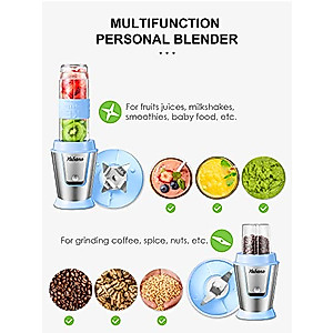 Personal Blender with 2 x 20oz Travel Bottle and Coffee/Spices Jar, Portable Smoothie Blender and Coffee Grinder in One, 500W Single Serve Blender for Shakes and Smoothies, BPA free, by Yabano (Blue)