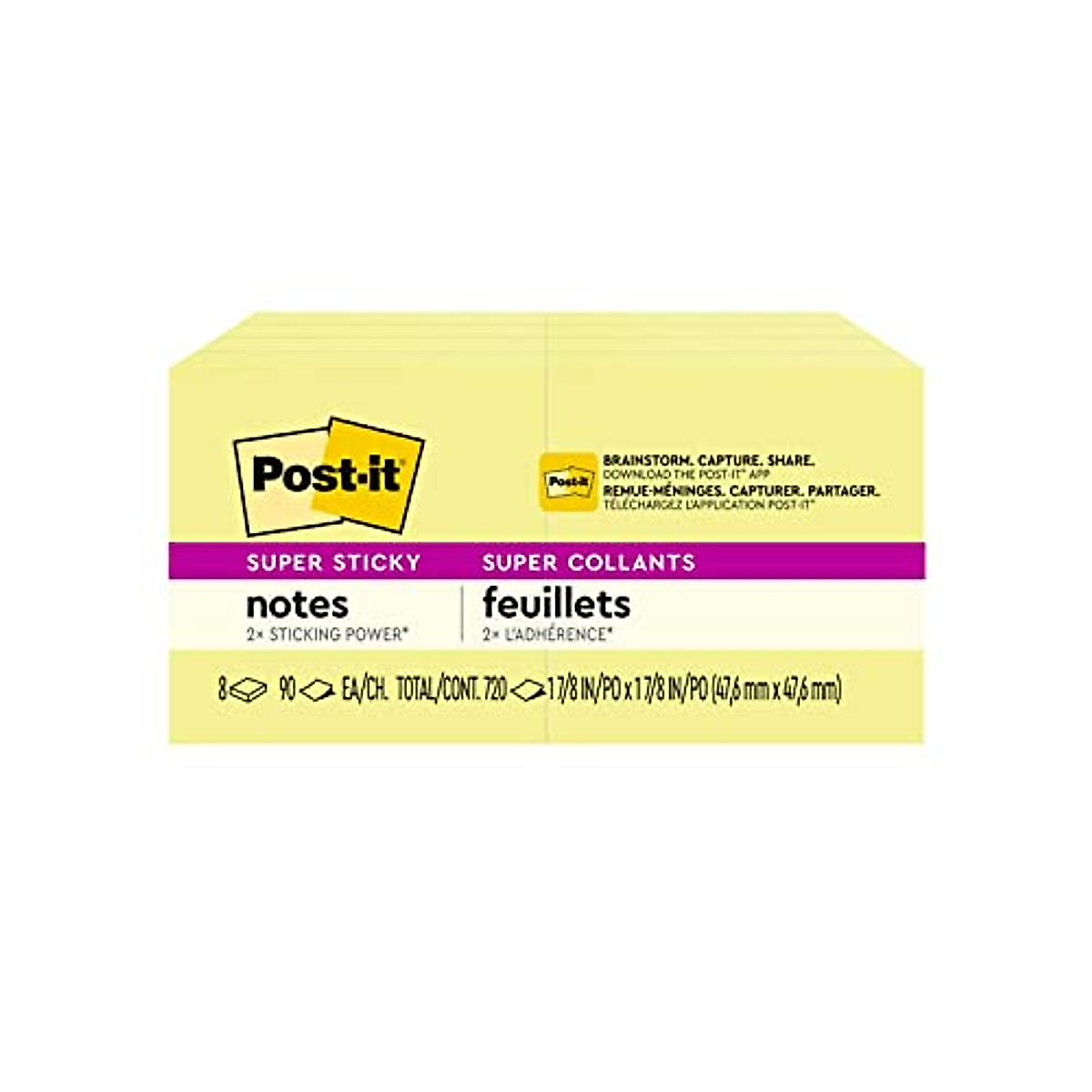 Post-it Super Sticky Notes, 2x2 in, 8 Pads, 2x the Sticking Power, Canary Yellow, Recyclable (622-8SSCY)