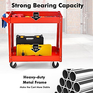 IRONMAX Utility Cart with Wheels, 2-Tier Heavy Duty Metal Rolling Cart w/ 3.5’’ Extra Deep Shelves, Steel Tool Service Push Cart for Mechanic Garage Warehouse Workshop Kitchen (Red)