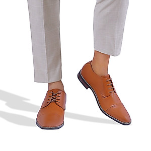 Mofri Men's Oxford Dress Shoes Classic Cap Toe Formal Lace Up Dress Shoes(Brown Pu,7.5)