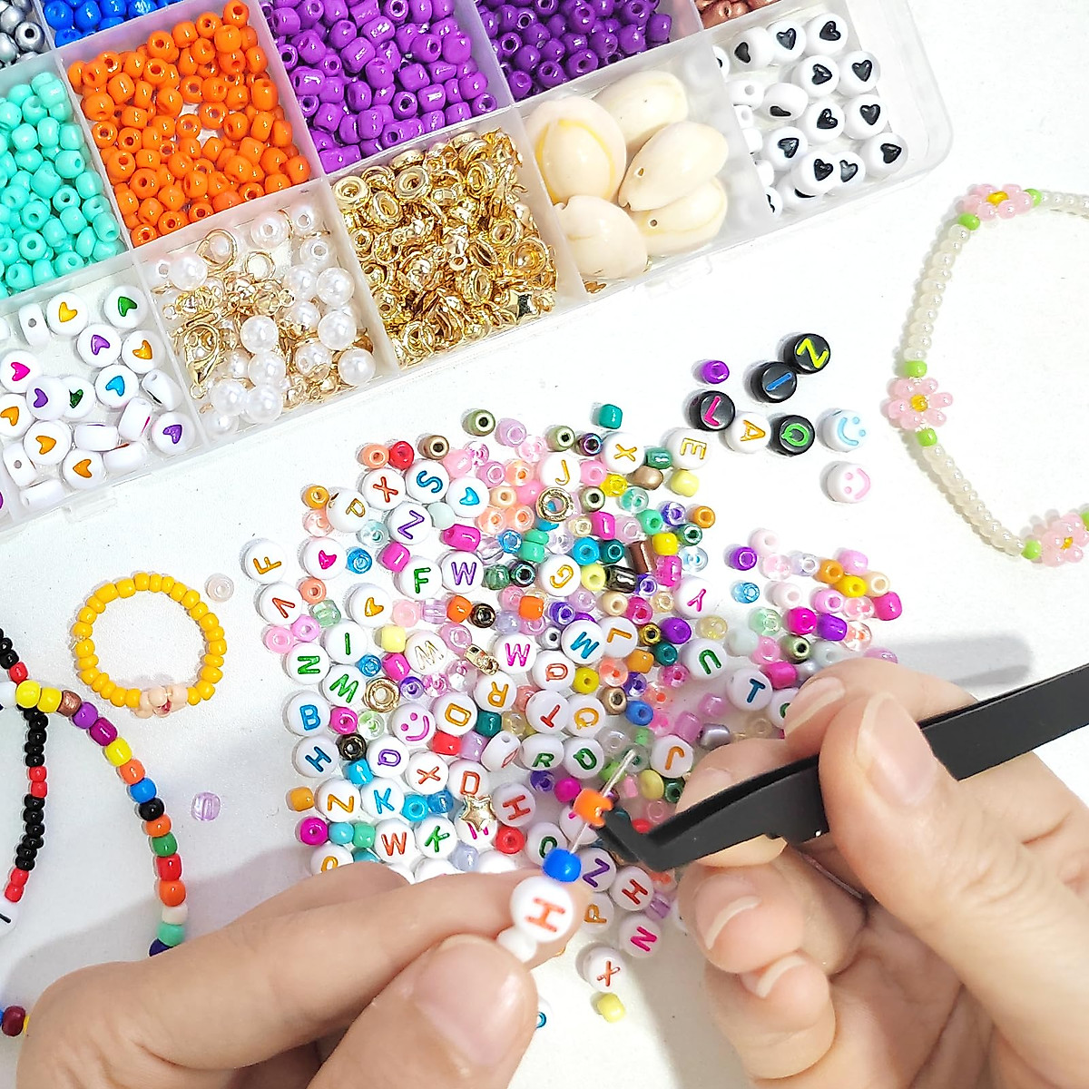 BIBOKLTIY 114 Colors Glass Seed Beads Bracelet Making Kit, 28500pcs 3mm Seed Beads Jewelry Making Kit with Alphabet Letter Beads and String, Glass Beads Kit for Bracelets DIY Art Craft