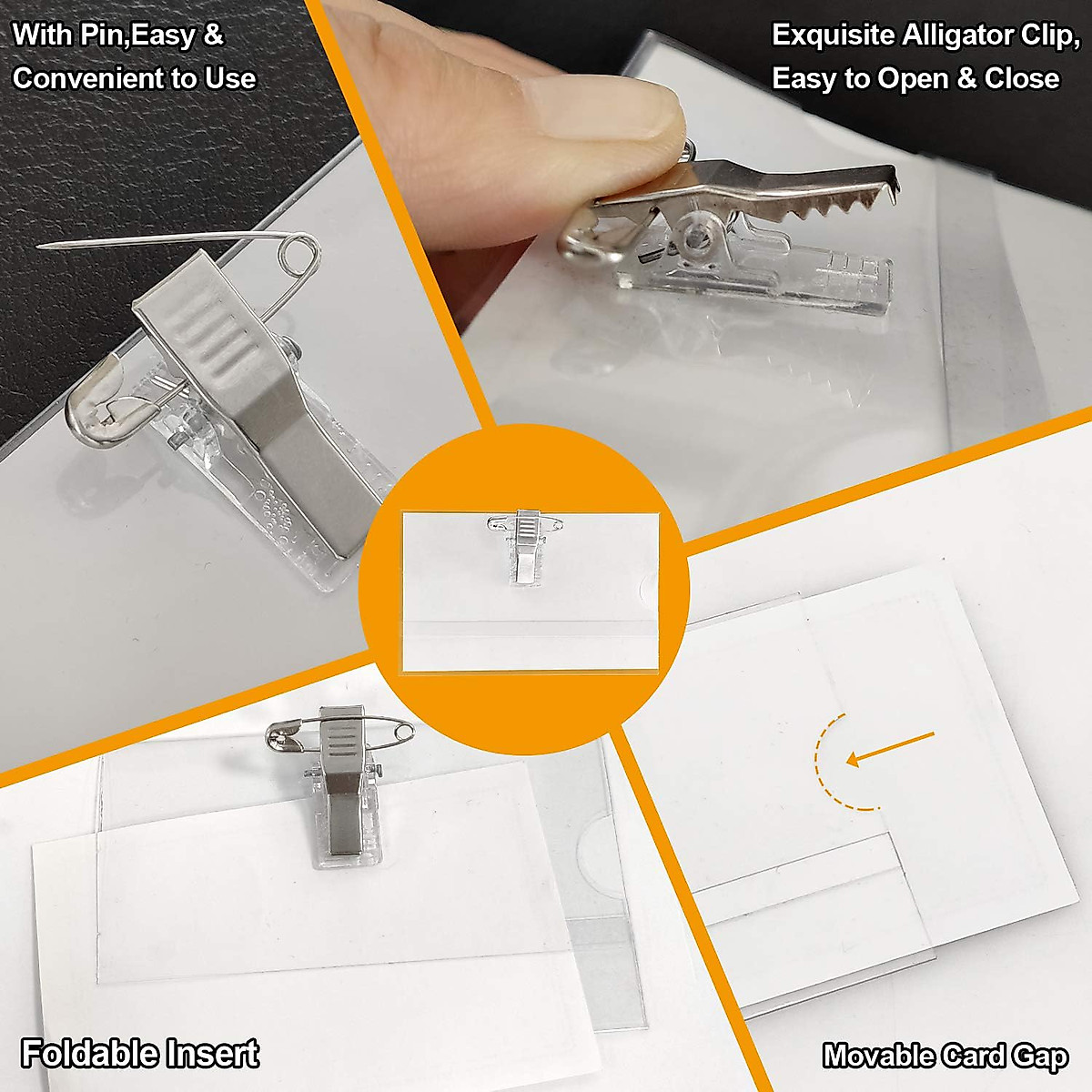 Fushing 50PCS Pin Style Combi Clip Horizontal Name Badge Holders with Inserts Fit The Avery 5390 Name Badge Inserts or 2-1/4 inch x 3-1/2 inch Cards