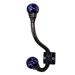 Indian Shelf 2 Pack Hooks | Heavy Duty Wall Hooks for Hanging | Blue Hanger for Backpacks | Iron Hooks for Keys Wall Decor | Floral Coat Hooks Antique [15.88 Cm]