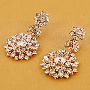 Touchstone"Contemporary Kundan Collection" Indian Bollywood Mughal Inspired Kundan Polki Look Rhinestone Designer Jewelry Long Earrings Gold Tone For Women.