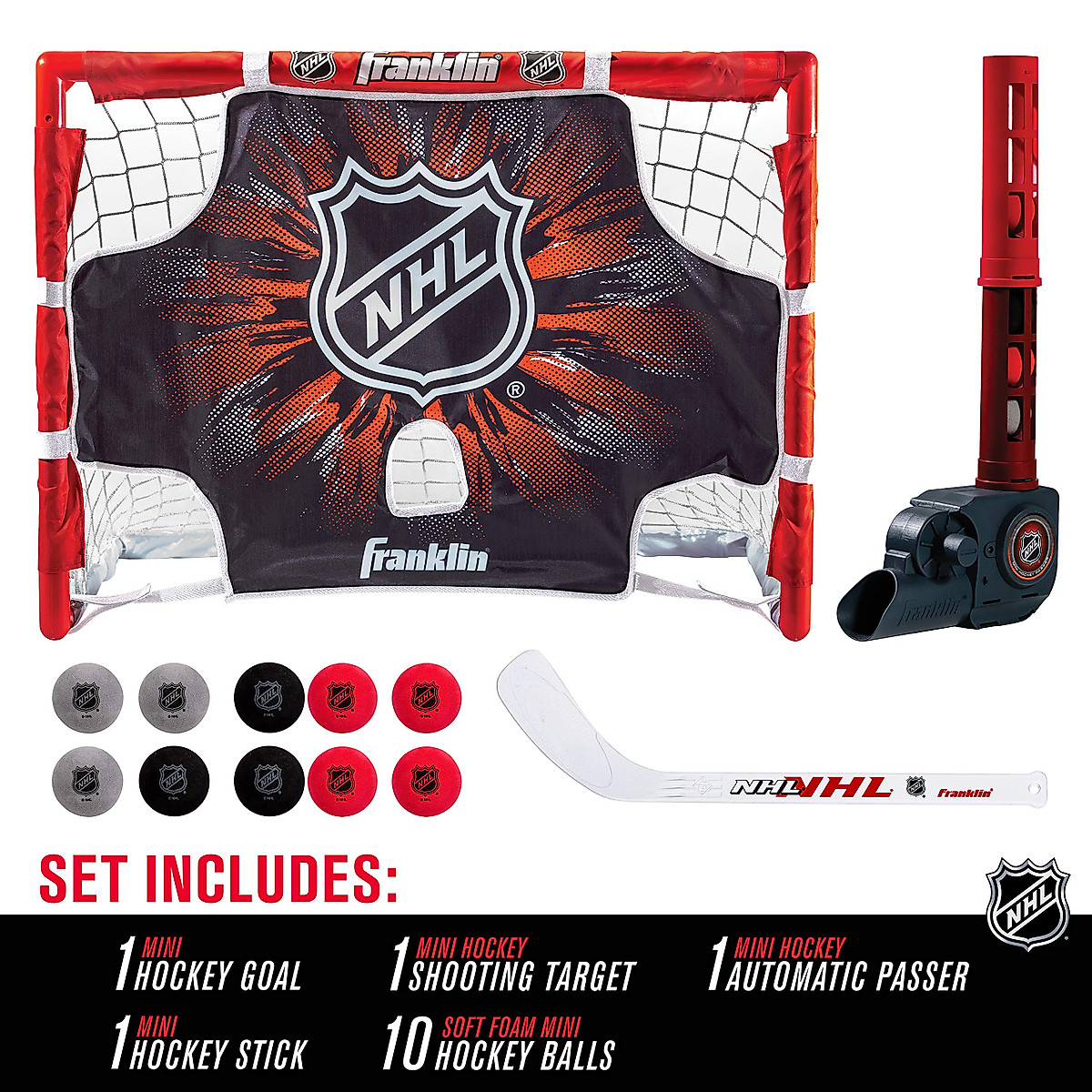 Franklin Sports NHL Kids Knee Hockey Goal Set - Mini Hockey Goal + Stick Set - Automatic Hockey Ball Passer, Goal & Target Set - Youth Toy Hockey Set