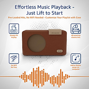 SMPL Music Player with Lifter for Seniors - Audiobooks + MP3 Player Sound, Durable Wooden Enclosure, Retro Look, 4GB USB with 40 Nostalgic Hits - Live Support (Brown)