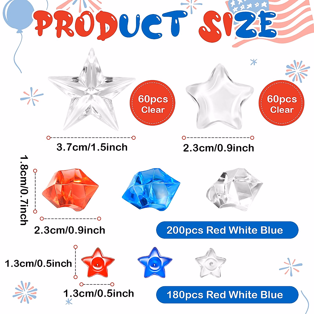 Deekin 240 Pcs Mini Patriotic Acrylic 4th of July Red White Blue Acrylic Beads for Vase Filler Ice Rocks Star Crystals Gems Table Scatter Independence Day Party Wedding Crafts Decoration Display