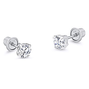 14k White Gold 3mm Basket Round Solitaire Cubic Zirconia Children Screw Back Baby Girls Earrings