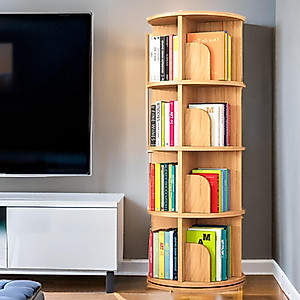 Feuusec 4 Tier Rotating Bookshelf Tower,360°Display Spinning Bookshelf for Kids&Adults,Corner Bookshelf for Small Space,Soild Wood Bookcase for Bedroom,Living Room