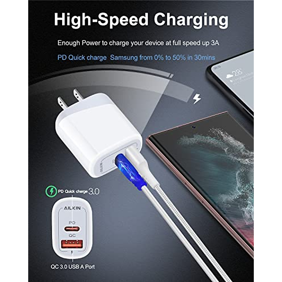 USB C Charger Block 3Pack, AILKIN 20W PD+QC 3.0 Dual Port Power Adapter, Type C Wall Charger Station Travel Box for iPhone 14 Plus 13 Pro Max 12 11 XS XR SE, iPad Mini, AirPods, Apple Watch, USBC Plug
