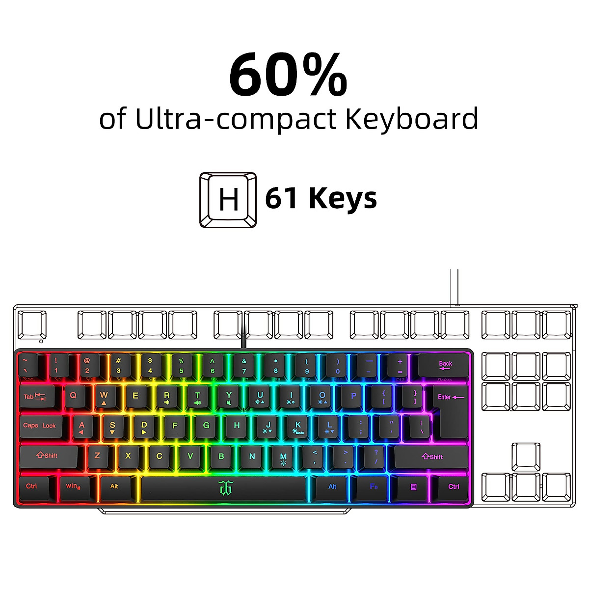 K60 61 Keys Multi Color RGB Illuminated LED Backlit Wired Gaming Keyboard, Waterproof Mini Compact 60 percent keyboard, for PC/Mac Gamer, Typist, Travel, Easy to Carry on Business Trip