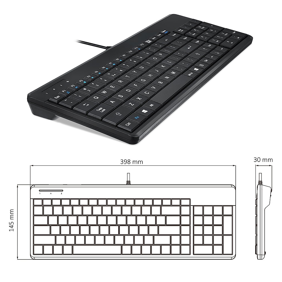 Perixx PERIBOARD-220H US, Wired Compact USB Keyboard with 2 Hubs - Build-in Numeric Keypad - Black - US English Layout, (11506)