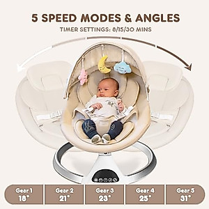 HARPPA Electric Baby Swings for Infants to Toddler, Portable Babies Rocker Bouncer for Newborn Boy and Girls, Motorized Bluetooth Swing, Music Speaker with 12 Preset Lullabies(Khaki)