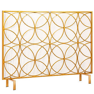VIVOHOME 40.9 x 31.1 Inch Single Panel Wrought Iron Fireplace Screen Metal Decorative Mesh Fire Spark Guard Fireplace Cover Gold