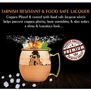 BOLD & DIVINE Copper Plated Moscow Mule Mugs Set of 4 | 18 Oz Hammered Copper Cups with Stainless Steel Lining Gold & Brass Handles with Copper Straws & Shot Glass | Perfect for Bars, Parties & Gifts