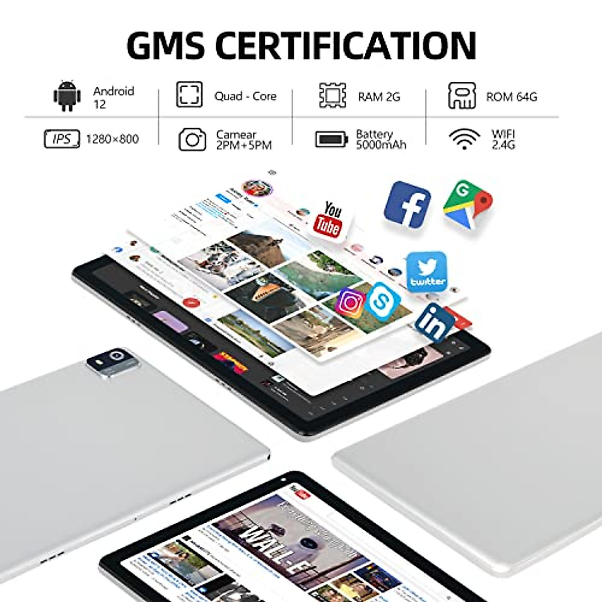 URAO Android Tablet 10 inch Android 12 Tablets Quad Core 64GB 5000mAh Battery Dual Camera 1280x800 HD Display Touchscreen Tablet PC (2022 Release, Silver)