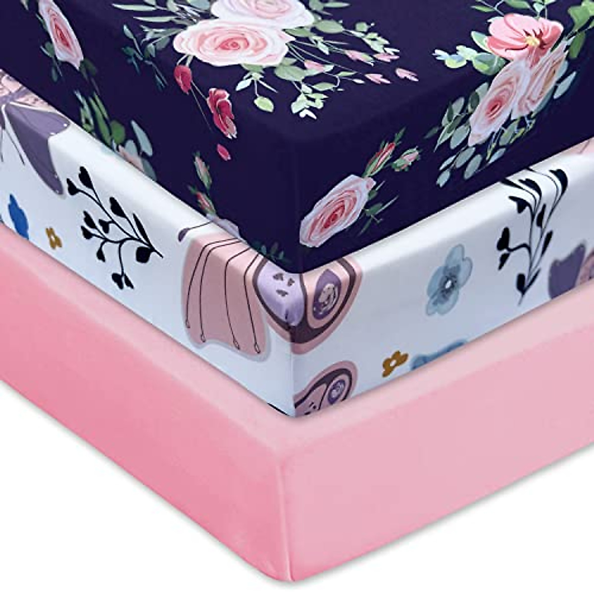 AMROSE 3 Pack Heavenly Soft Crib Sheets for Baby Girls, 28'' X 52'' Fitted Crib Sheets for Crib and Toddler Mattress Pad, Silk Touch Gentle Breathable Microfiber, Floral & Butterfly
