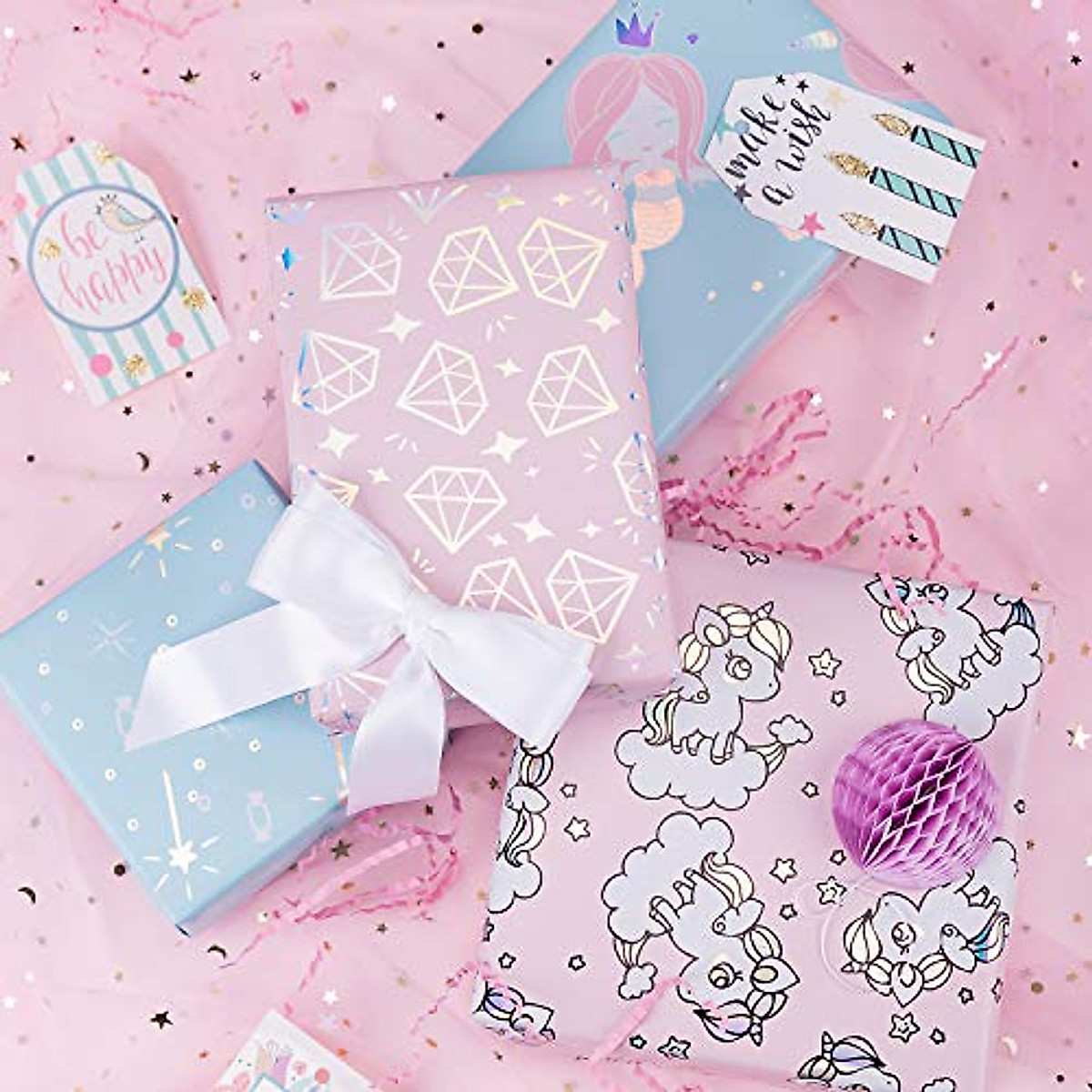 WRAPAHOLIC Wrapping Paper Roll - Mermaid, Fairy Stick and Diamond Cute Design with Colorful Foil for Birthday, Holiday, Baby Shower - 4 Rolls - 30 inch X 120 inch Per Roll