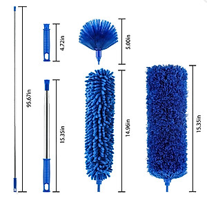 Microfiber Dusters w 2 Handle Sets, Durable 15~100 Inchs Long Telescopic Rod, Washable, Feather Dusters for Cleaning Cobweb, Ceilings Fans (5 Pack)…… Blue