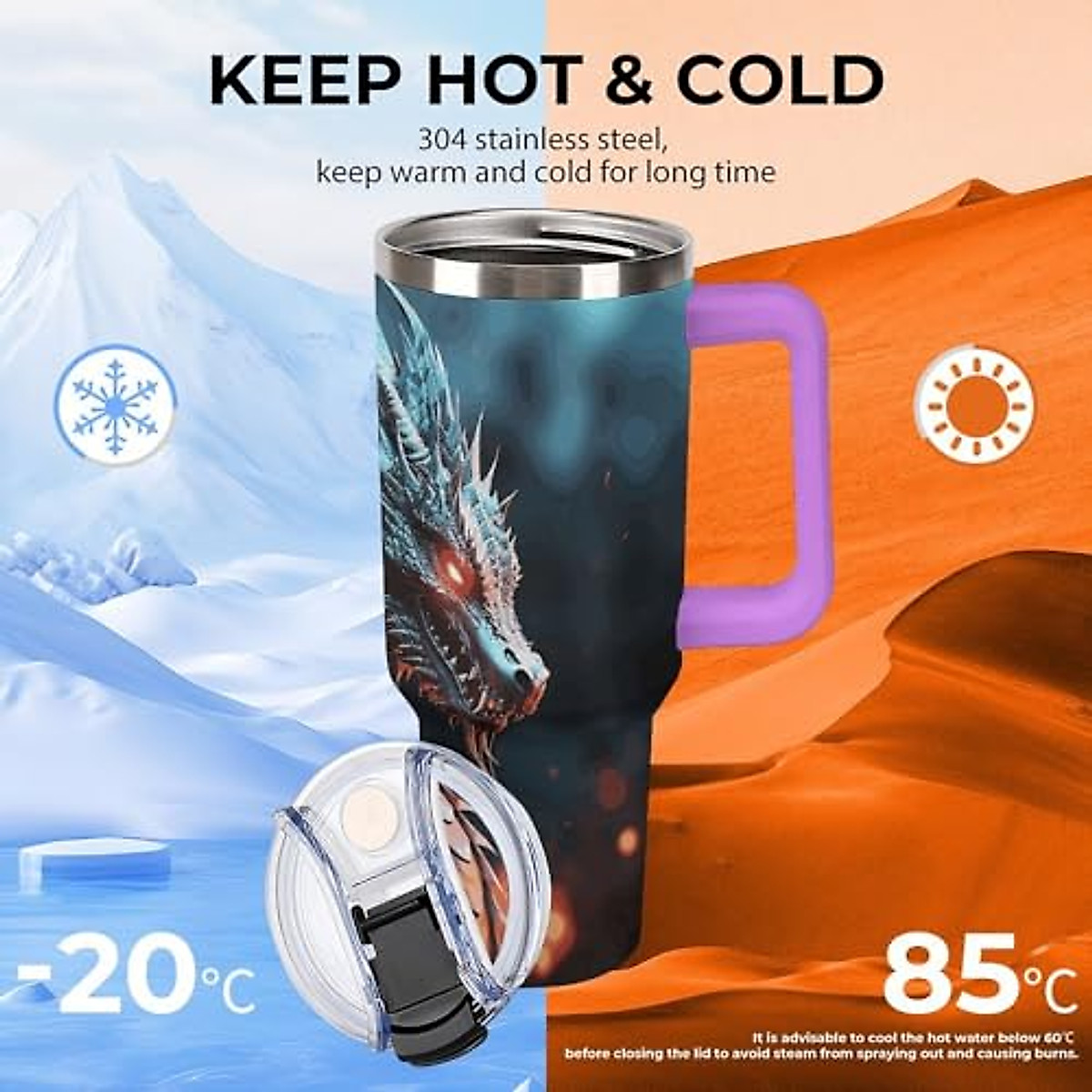 LLUTSNTH 40 Oz Vacuum Tumbler with Violet Handle Leakproof Insulated Tumbler Dragon Stainless Steel Travel Mug with Lid And Straw Coffee Cup Cute Water Bottles Cup Holder Friendly
