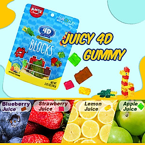 AMOS 4D Gummy Blocks Candy Bricks, Edible Building Block Gummies for Kid's Lego Theme Party, Funny Cupcake Topper Decoration, Resealable 3.53oz Bag (Pack of 3)