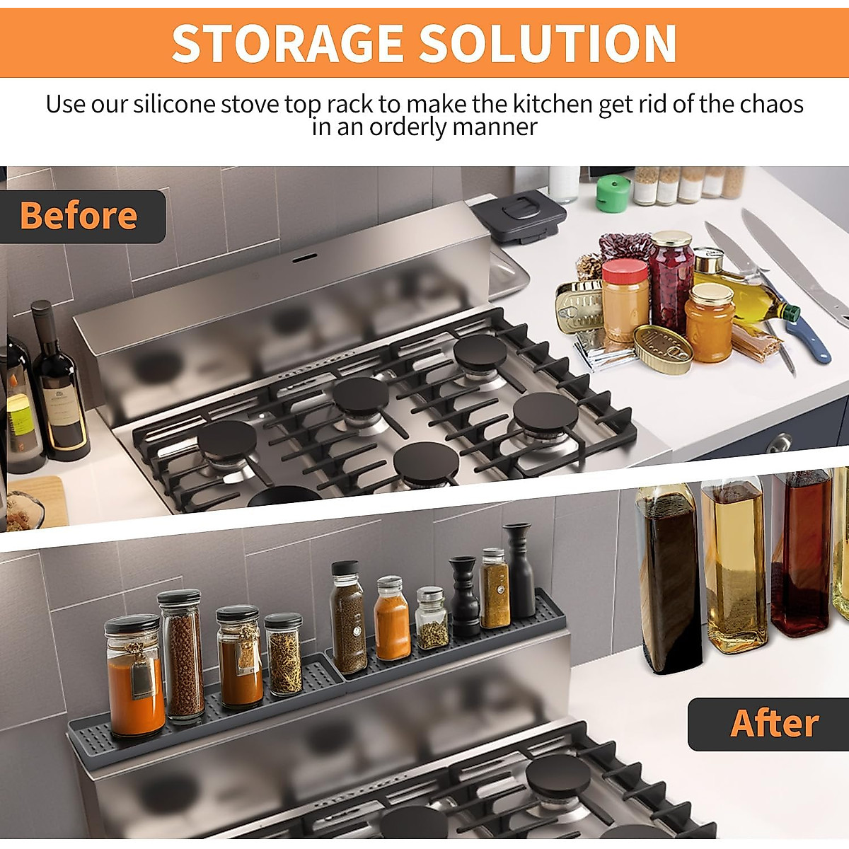 BFONS 30" Magnetic Stove Top Shelf Spice Rack Storage, Silicone Top Heat Material Stove Rack Shelf Flexible Seasoning Organizer Kitchen Shelves Gadgets with 2 Functional Prtitions for Kitchen （Grey）