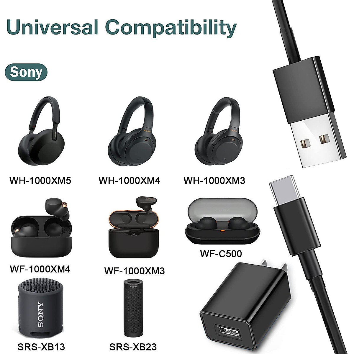 Charger Cable for Sony WH-1000XM5 1000XM4 1000XM3, WHCH710N, H910N WF-1000XM4 1000XM3, C500 WI-1000XM2 C200 XB400 SRS-XB13 XB23 Portable Speaker Earbud 5V AC Adapter USB C Headphones Charging Cord