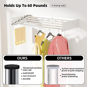 plainshe Laundry Drying Rack Collapsible, Wall Mounted, Clothes Drying Rack, 40" Wide, 16.5 Linear Ft, 5 Aluminum Rods, 60 lb Capacity, Laundry Racks for Drying Clothes with Wall Template