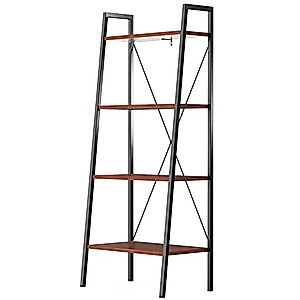 FURNINXS Ladder Shelf Bookcase, Bookshelf 4 Tier, Industrial Standing Shelf Storage Rack Storage Organizer Plant Stand, Steel Frame Book Shelf for Living Room/Bedroom/Kitchen/Bathroom - Red Brown