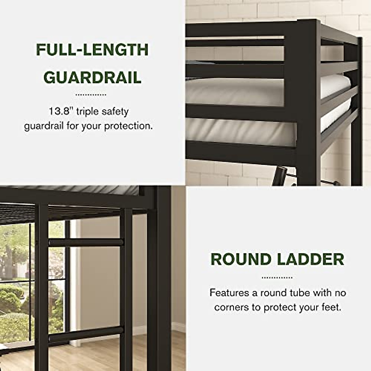 IMUsee Loft Bed Frame for Juniors&Adults, Metal Loft Bed Twin Size with Safety Guardrail&Removable Ladder, Space-Saving, Noise Free, Matte Black