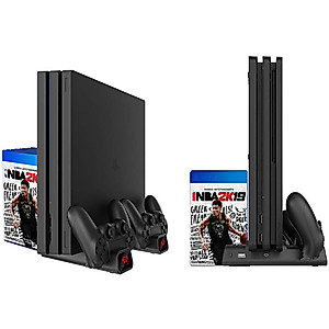 Megadream Cooling Fan Stand for PS4, Dual Controller Charge Station for PS4 Slim/PS4 Pro/Playstation 4, Multifunctional Vertical Cooling Stand with LED Indicator, 10PCS Games Storage, 4 Usb Connectors