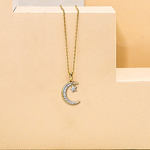 Jewelili 10k Yellow Gold Moon Star Pendant Necklace with Natural White Round Diamonds, 1/10 Cttw, 18" Gold Filled Rope Chain