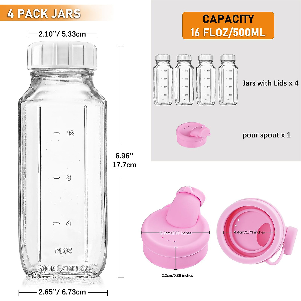 4 Pack 16 Oz Square Glass Milk Bottle With A Silicone Dispenser Cap, Glass Juice Bottles with Airtight Screw Lid, Drinking Bottles With Capacity Marks