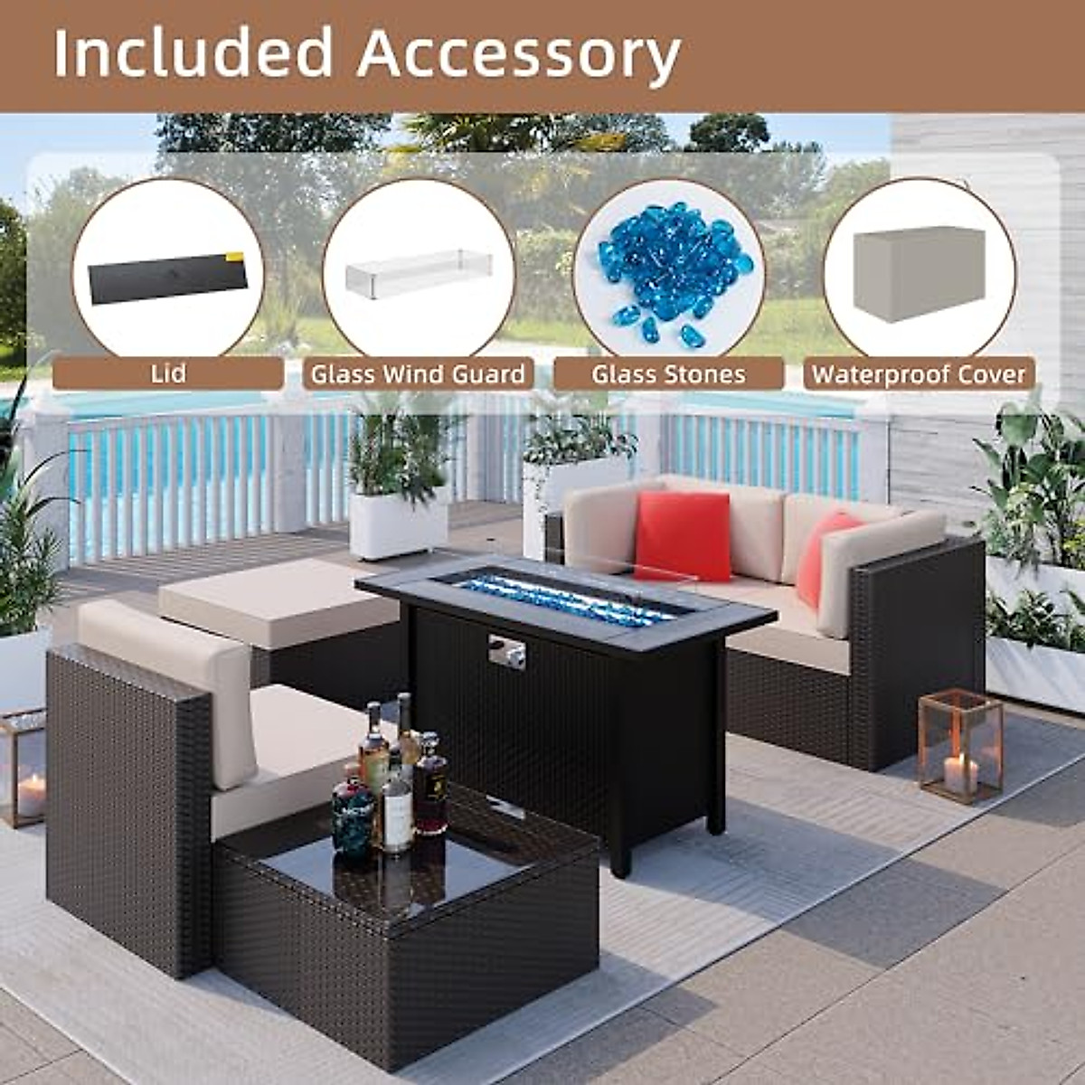 Shintenchi 45 Inch Propane Fire Pit Table with Glass Window Protector, Outdoor 50,000 BTU Steel Gas Fire Pit with Lid, Glass Crystal Stone, Waterproof Cover and Rattan Pattern for Patio, Yard, Party