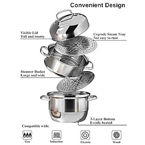 VENTION Large Steamer for Cooking, 3 Tier Steamer Pot, 13 2/5 Inch Stainless Steel Steamer, Steam Pots for Cooking