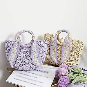 Summer Handmade Woven Rattan Straw Bag Round Handle Purple Tote Beach Vacation Female Semicircle Handbag (Color : B, Size : One Size)